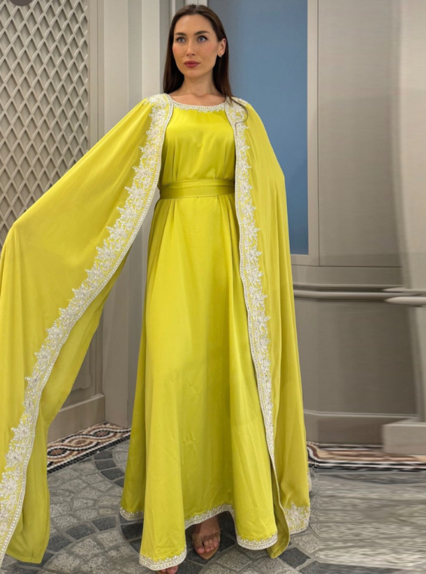 Lemon Kaftan Chiffon kaftan with hand made silver embroidery Kaftans from Ludan Design at Boksha