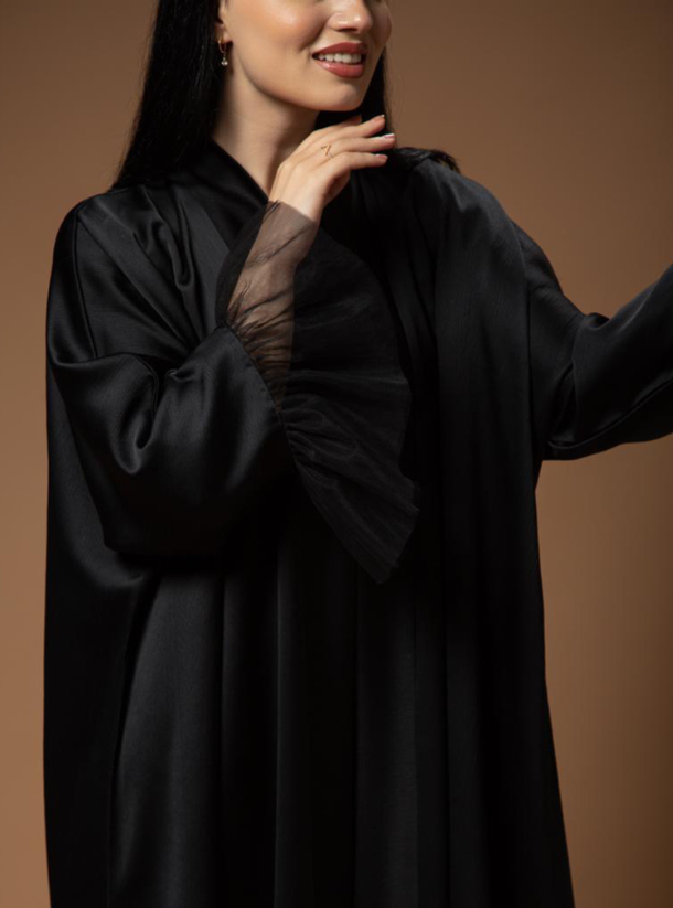 LD008 Black abaya with French lace sleeves in black Abayas from Ludan Design at Boksha