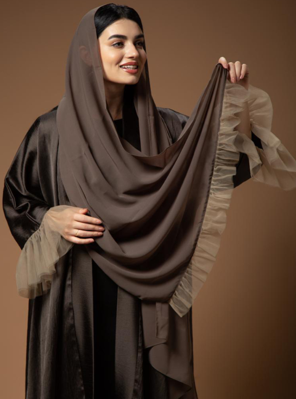 LD007 Brown abaya with French lace sleeves in beige color Abayas from Ludan Design at Boksha