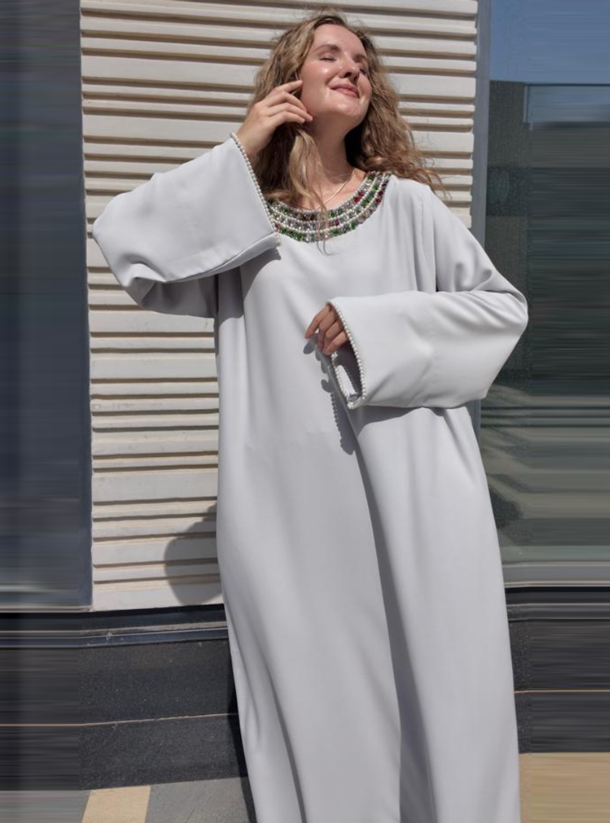 BLUE Galabiya Sky Blue Galabiya Encrusted With Colorful Crystals Mukhawar from Ludan Design at ...