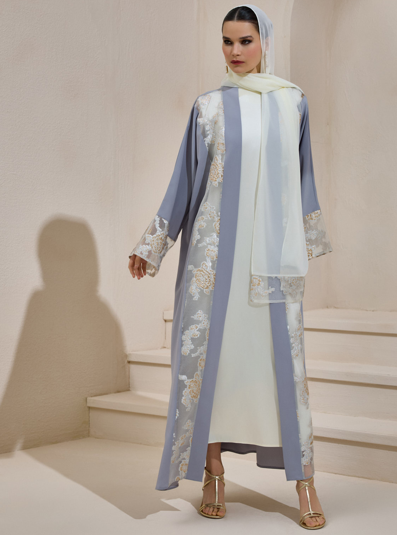 Gray Gold Grey and Gold Brocade Abaya Set with Matching Headscarf ...