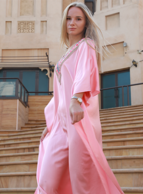 Sakura Kaftan Baby pink silk Kaftan with flower lace Kaftans from Leydi Fashion at Boksha
