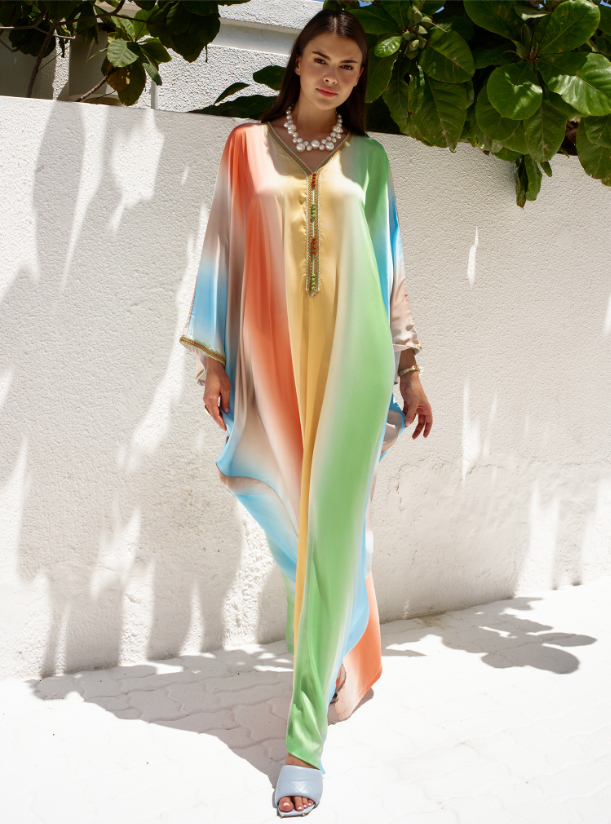 JULIA KAFTAN Vibrant rainbow print silk kaftan with loose fit and ...