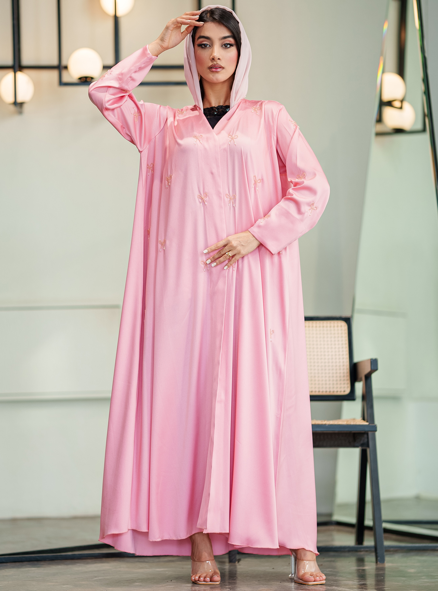 Pink Bow Beaded bow abaya with matching headscarf. Abayas from Sugar ...