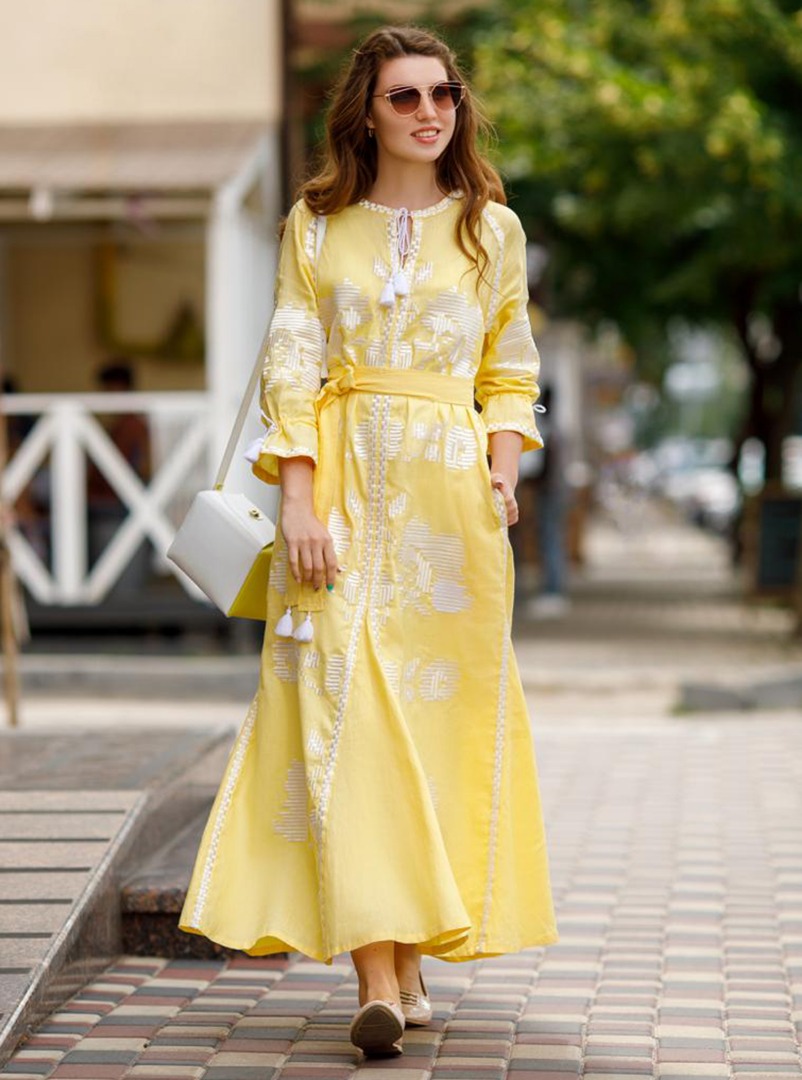 Floral Yellow Yellow Dress with lovely embroidery design Made with ...