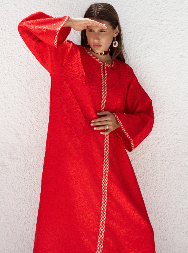 BATOOL 06 Jacquard kaftan features a high neck and Moroccan Safeefa ...