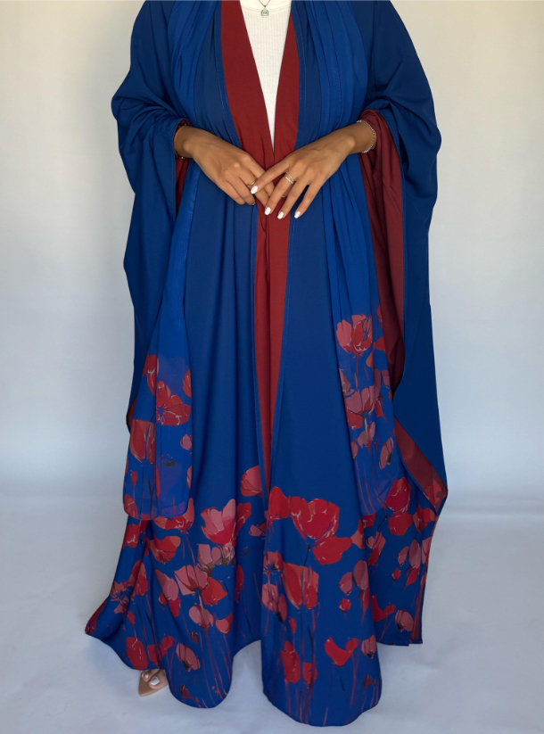Flower Abaya Blue & Red Crepe Butterfly Cut (Over Sized) Light Weight Abaya with Matching Head ...
