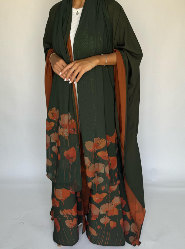 Flower Abaya Green & Blue Crepe Butterfly Cut (Over Sized) Light Weight Abaya with Matching Head ...