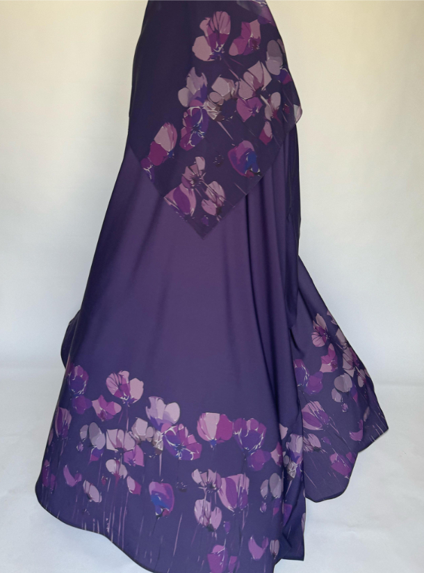 Flower Abaya Purple Crepe Butterfly Cut (Over Sized) Light Weight Abaya with Matching Head Scarf ...
