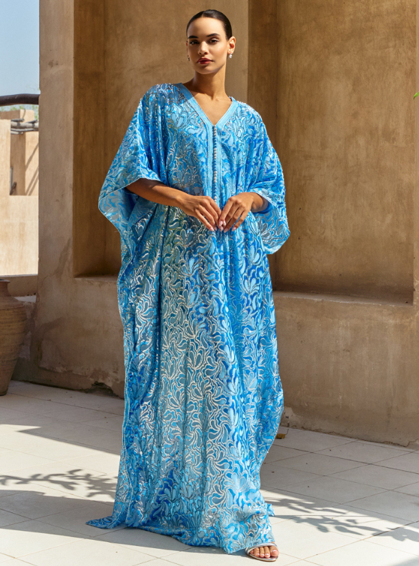 ARABELLA KAFTAN Devore velvet kaftan with delicate Moroccan work and silver accents Kaftans from ...