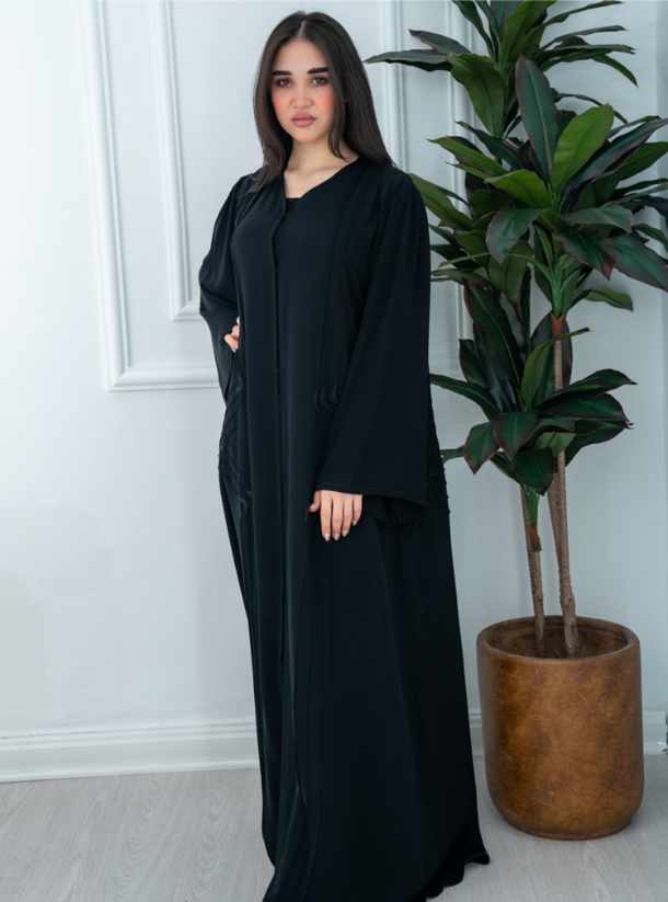 Full black abay Black hand work abaya with Matching Headscarf Abayas from Malekt Alkalej at Boksha