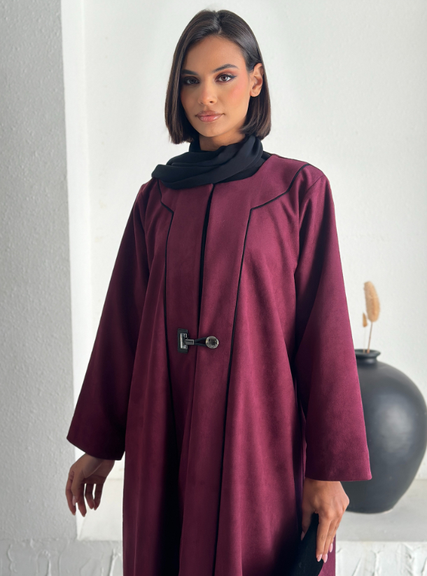 AT243 Maroon shamwa winter abaya with tan trimmings and belt closure ...