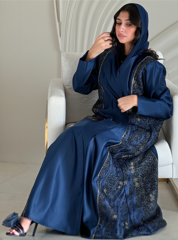 Moodest Soft Tafta Satan Abaya with some toor & Matching Headscarf Abayas from Telas Line at Boksha