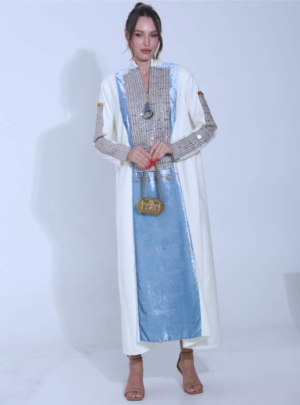Jalabiya Off-white jalabiya with soft sky blue velvet Kaftans from Swan ...