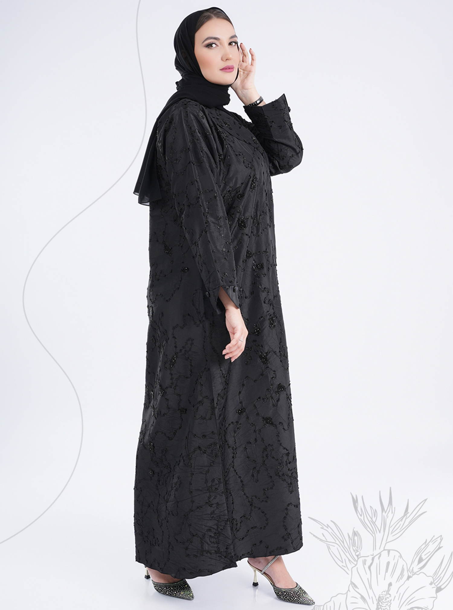 BOUSNI-4K8 Cuff Style Black Abaya with Coat Collar and Bead ...