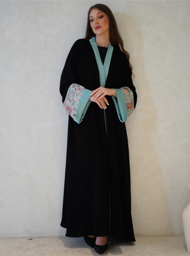 Ramadan Abaya Black abaya infused with exquisite woven fabric, elegantly lined with silk for a ...