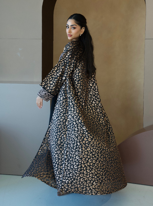 GH016 Elegant Black Mukhawar Set with golden rose embroidery, featuring ...