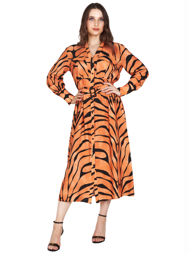 CAT-IB-8244 Rust Black Printed Midi Shirt Belted Dress Dresses from ...