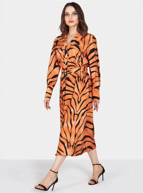 CAT-IB-8244 Rust Black Printed Midi Shirt Belted Dress Dresses from ...