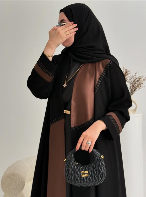Mid Abaya 22 Classic black with a modern brown touch and matching headscarf Abayas from Midas ...
