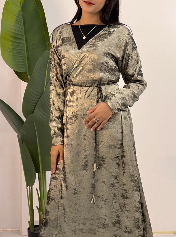 Lara Dress Metallic Gold Foil Wrap Abaya which screams elegance, with a ...