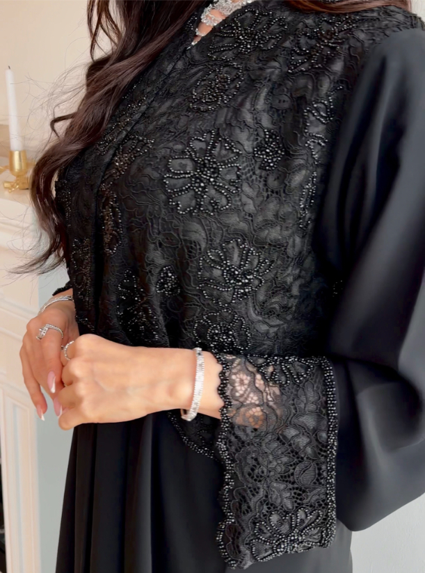 Nada dantel Handwork embroidery dantel mixed with nada fabric Abayas from Miamo at Boksha