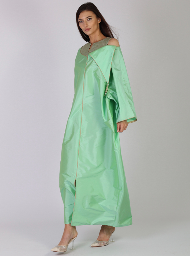 Greenish cyan Asymmetrical off-shoulder jalabiya, with banaras detail ...