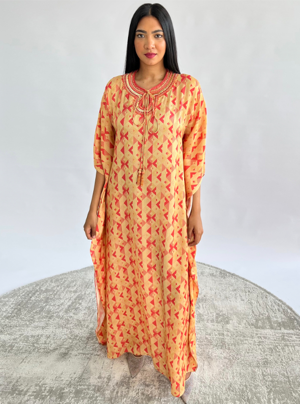 Ochre Long kaftan with full neck embroidery Kaftans from Hq label at Boksha
