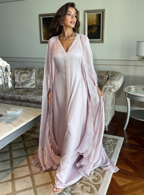 MIRA KAFTAN Organza chiffon silk kaftan with handmade embroidery—refined, timeless, and ...