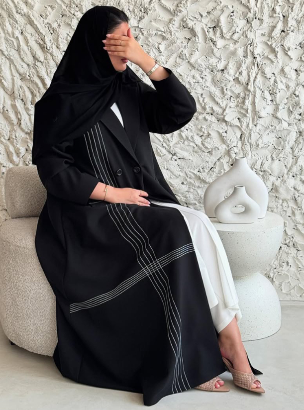 Mid Abaya Black coat-style abaya featuring vertical and horizontal ...