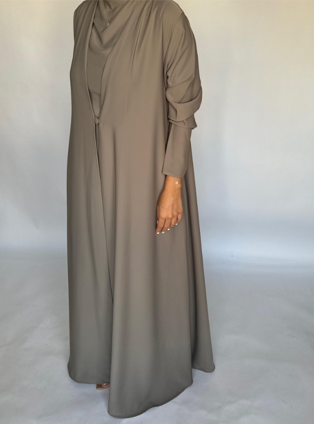 A414 Khaki Soft Crepe Abaya, With Matching Under Abaya Dress & Head Scarf. Abayas from Alef at ...