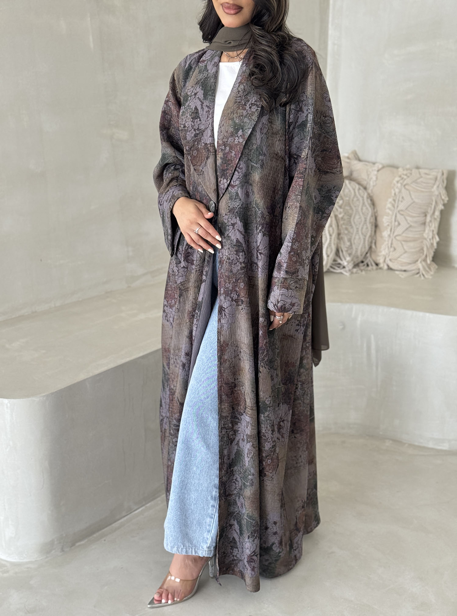 FAB201 Olive Green Grey Pleats Half-Bisht Summer Abaya with matching ...